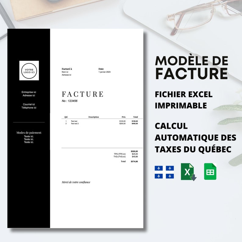 Invoice Template in French With Automated Calculation of Quebec Taxes ...