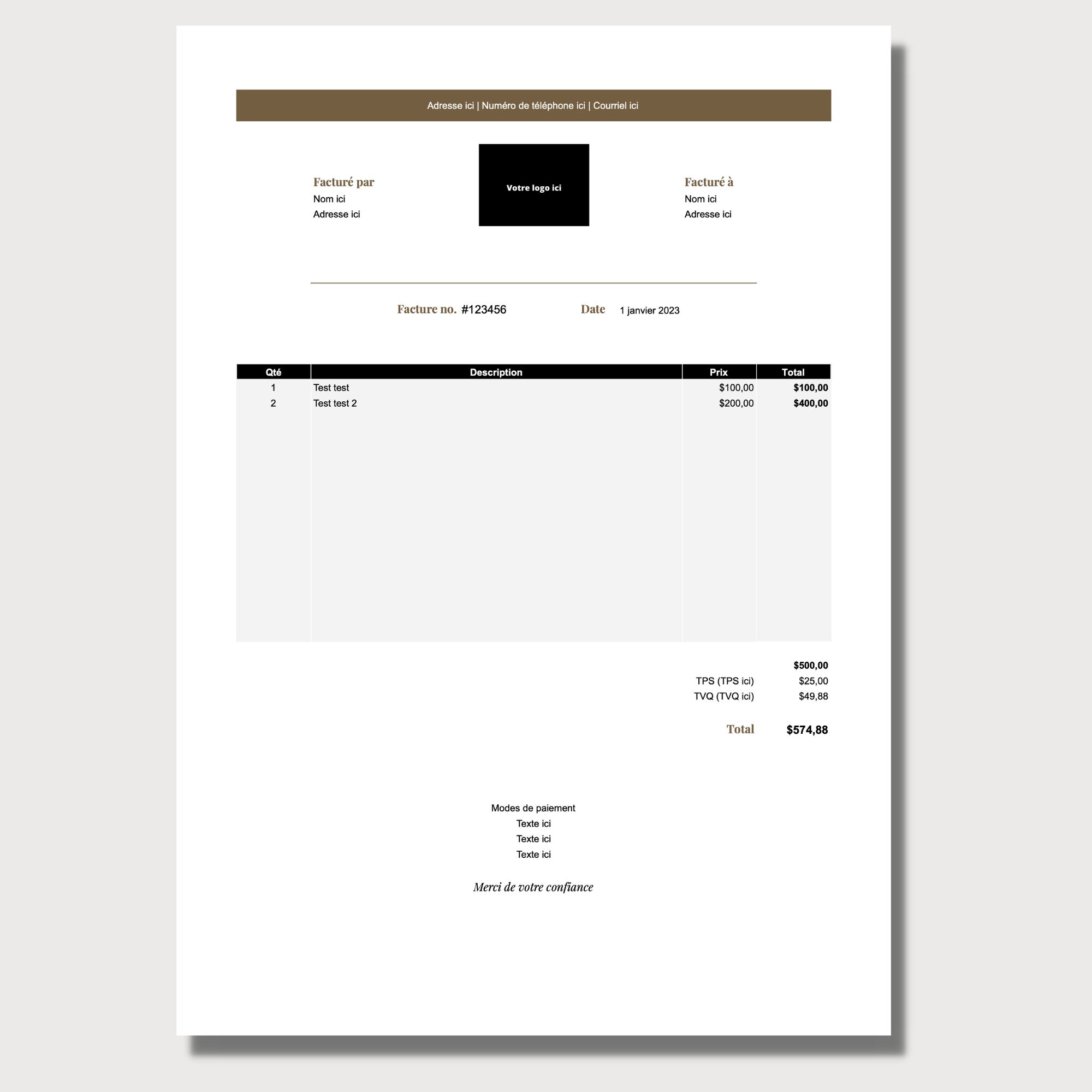 Elegant Style Invoice Template to Download and Print in French With ...