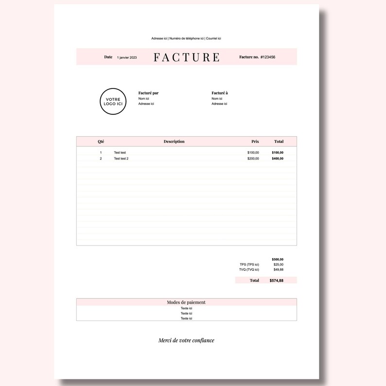 Pink Feminine Style Invoice Template to Download and Print in French ...
