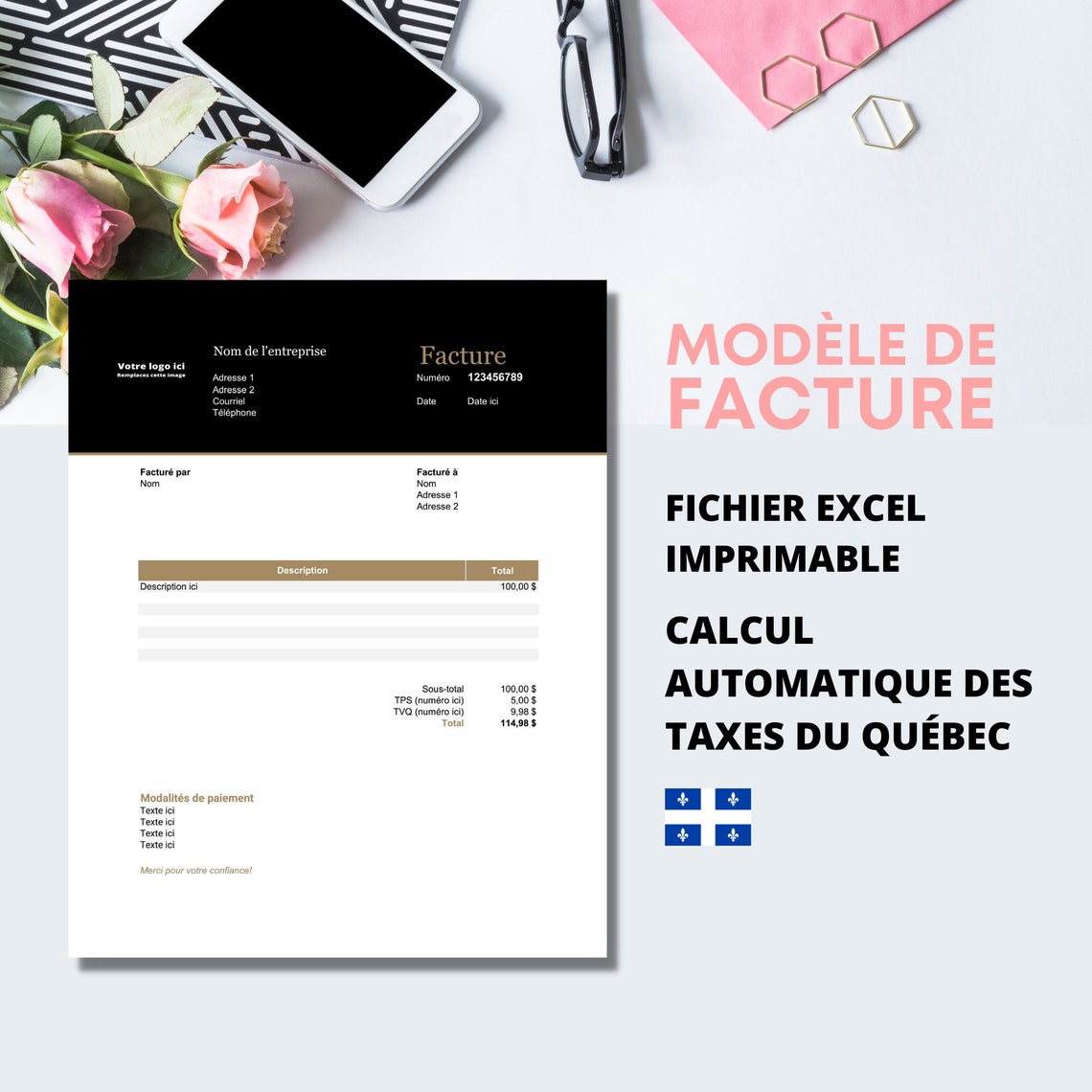 French Invoice Template With Automated Tax Calculation quebec Version ...