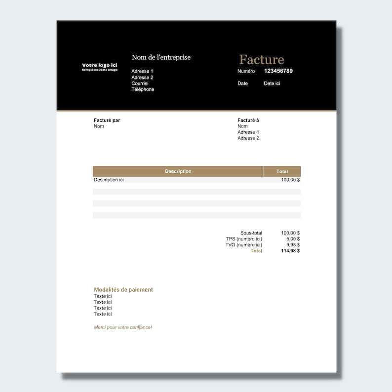 French Invoice Template With Automated Tax Calculation (quebec Version ...