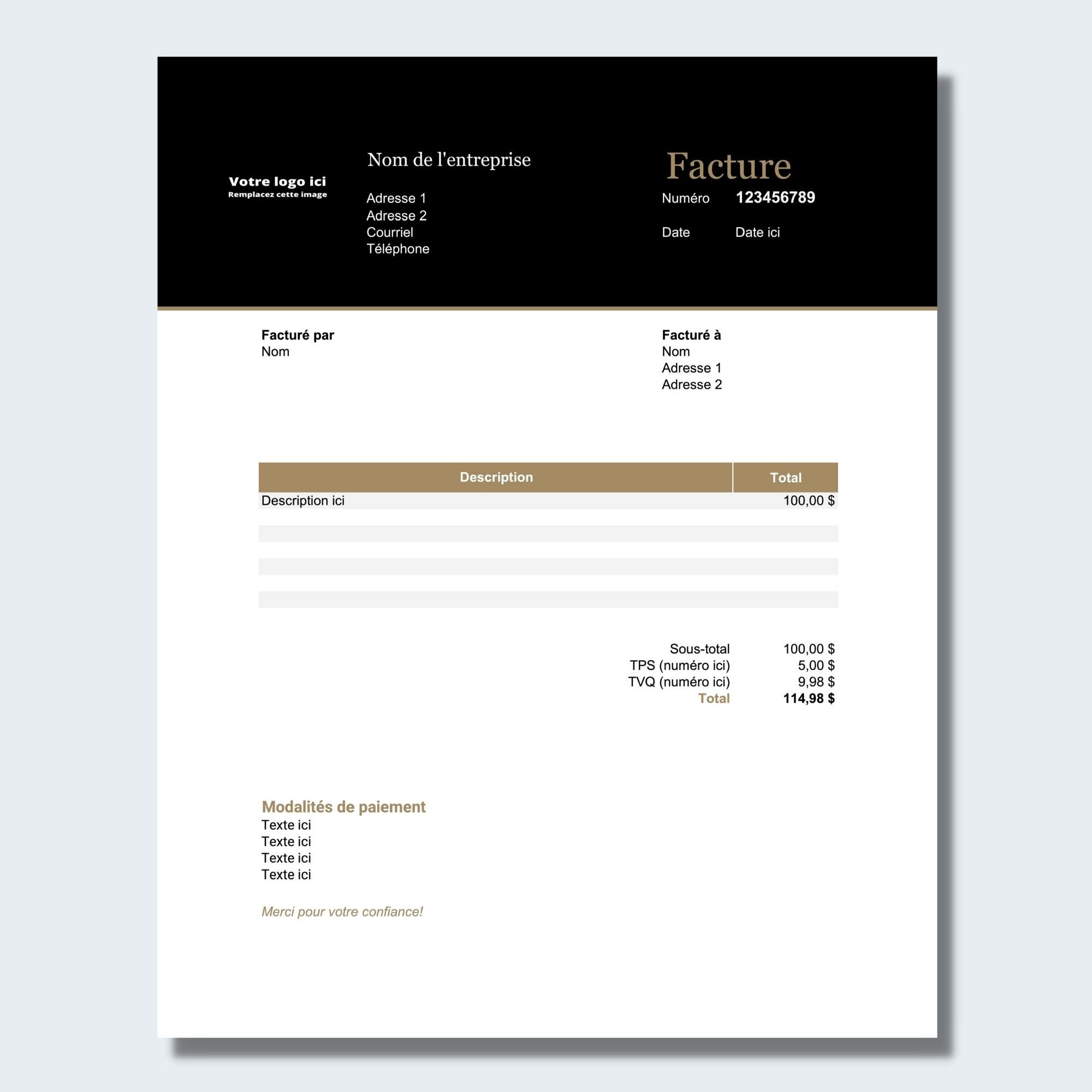 French Invoice Template With Automated Tax Calculation quebec Version ...