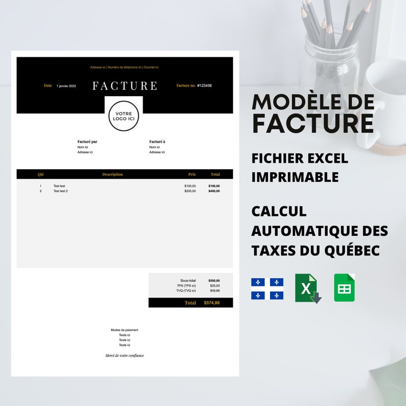 Invoice Template in French With Automated Tax Calculation (quebec ...