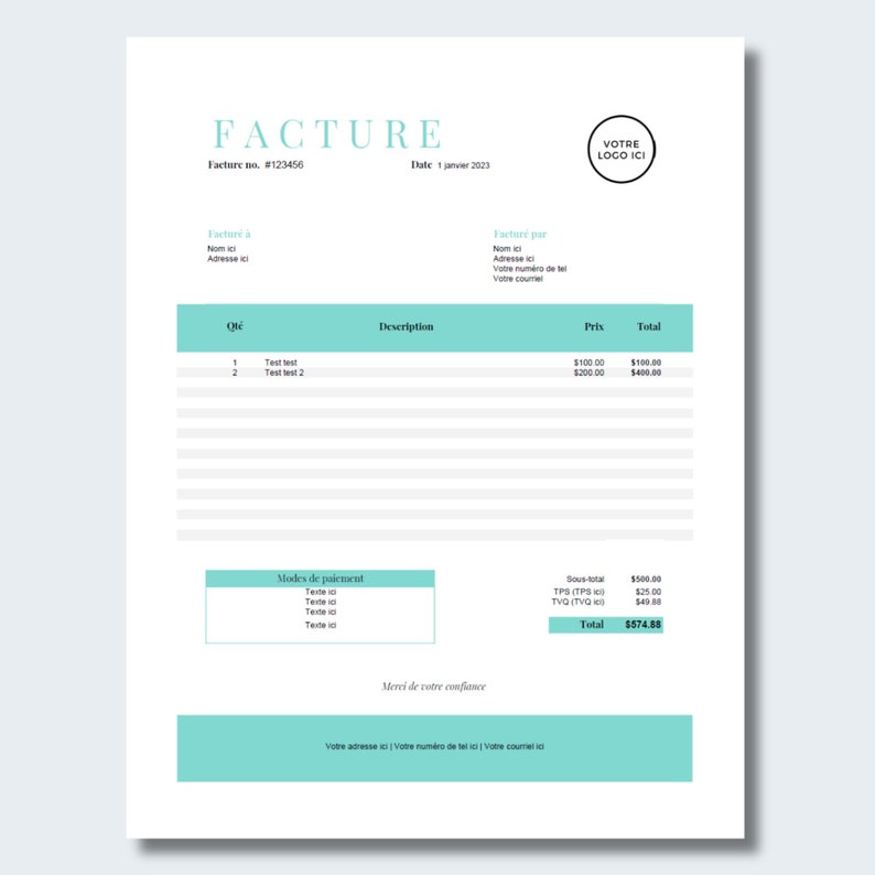 Invoice Template to Download and Print in French With Automated ...