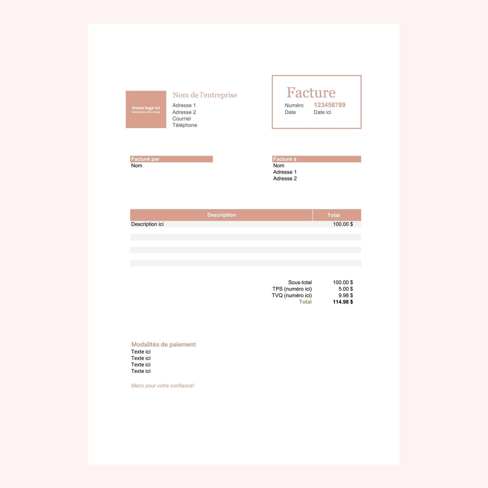 Invoice Template to Download and Print in French With Automated ...