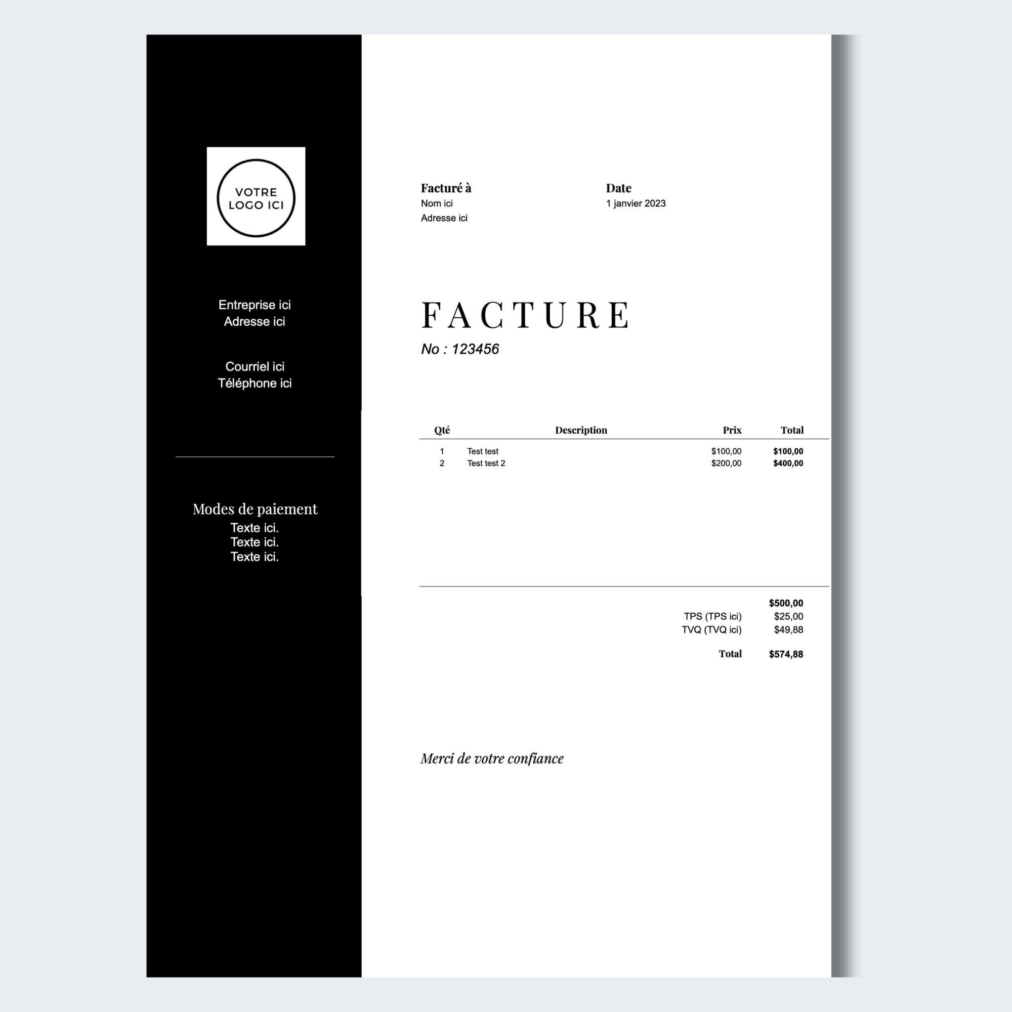 Invoice Template in French With Automated Calculation of Quebec Taxes ...