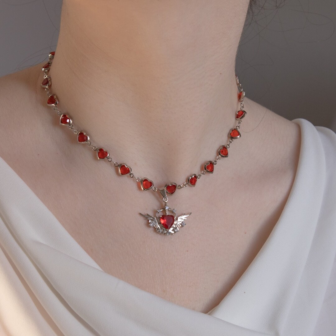 Red Heart Chain Necklace Silver Winged Angel Pendant Crystal Red Witchy ...