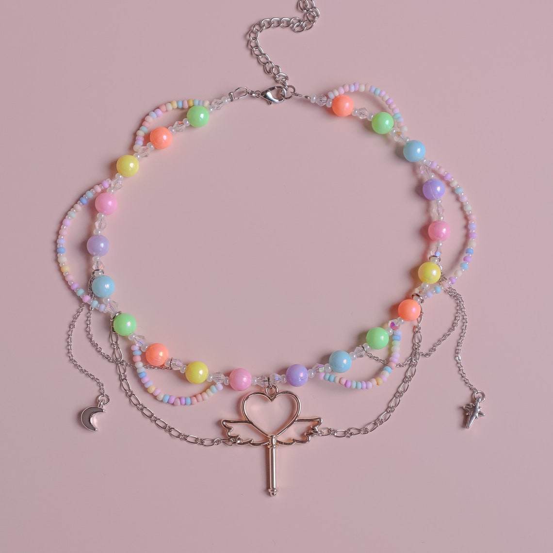 Rainbow Magical Girl Beaded Necklace Silver Heart Key Pendant - Etsy