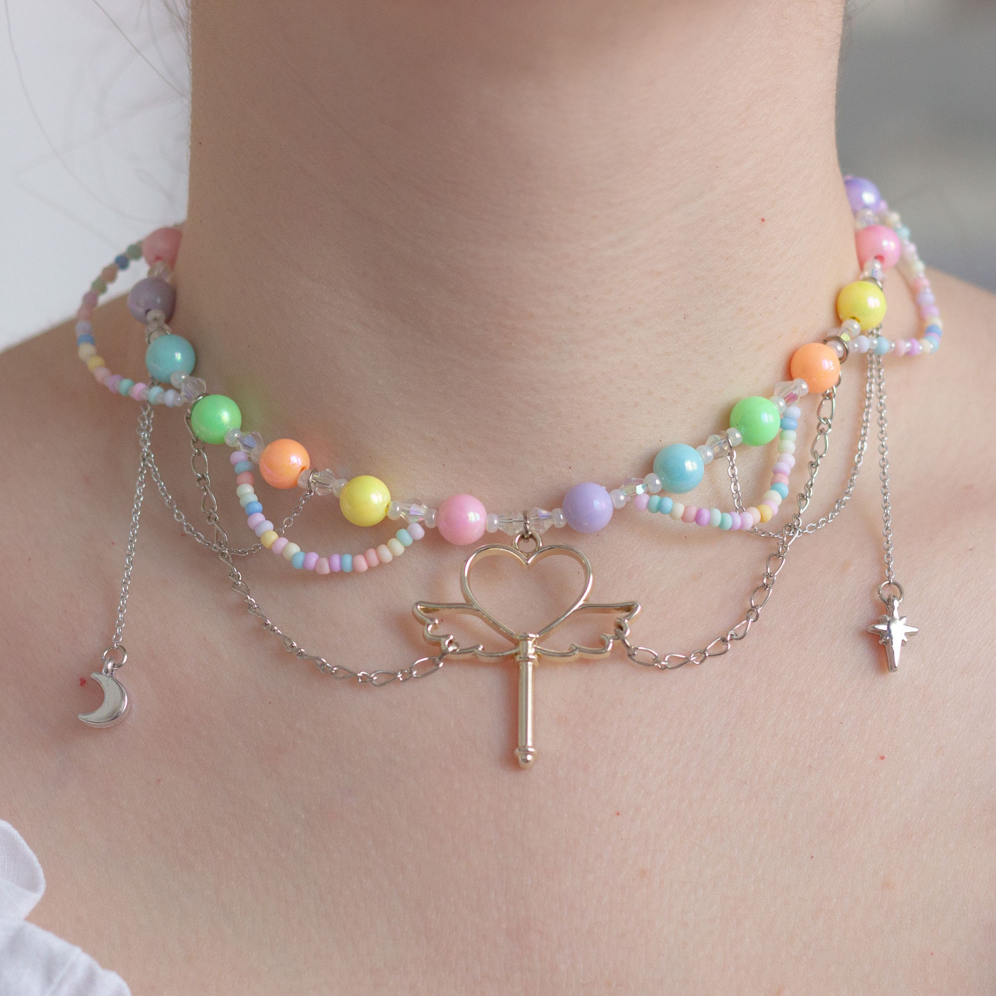 Rainbow Magical Girl Beaded Necklace Silver Heart Key Pendant - Etsy