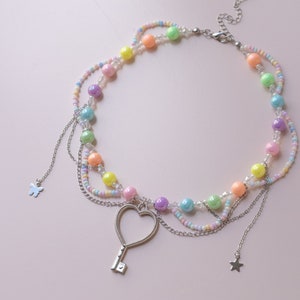 Rainbow Magical Girl Beaded Necklace Silver Heart Key Pendant Fairy ...