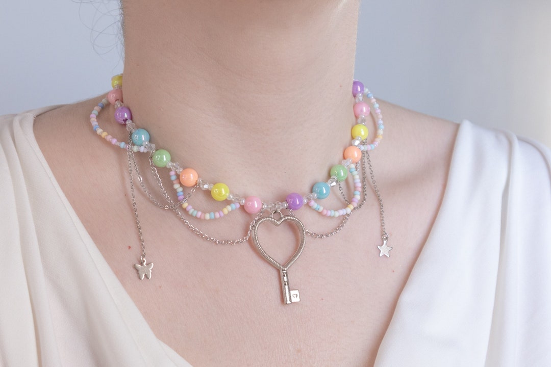 Rainbow Magical Girl Beaded Necklace Silver Heart Key Pendant Fairy ...
