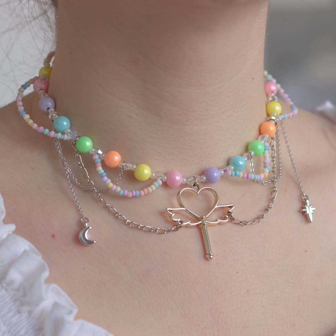 Rainbow Magical Girl Beaded Necklace Silver Heart Key Pendant - Etsy