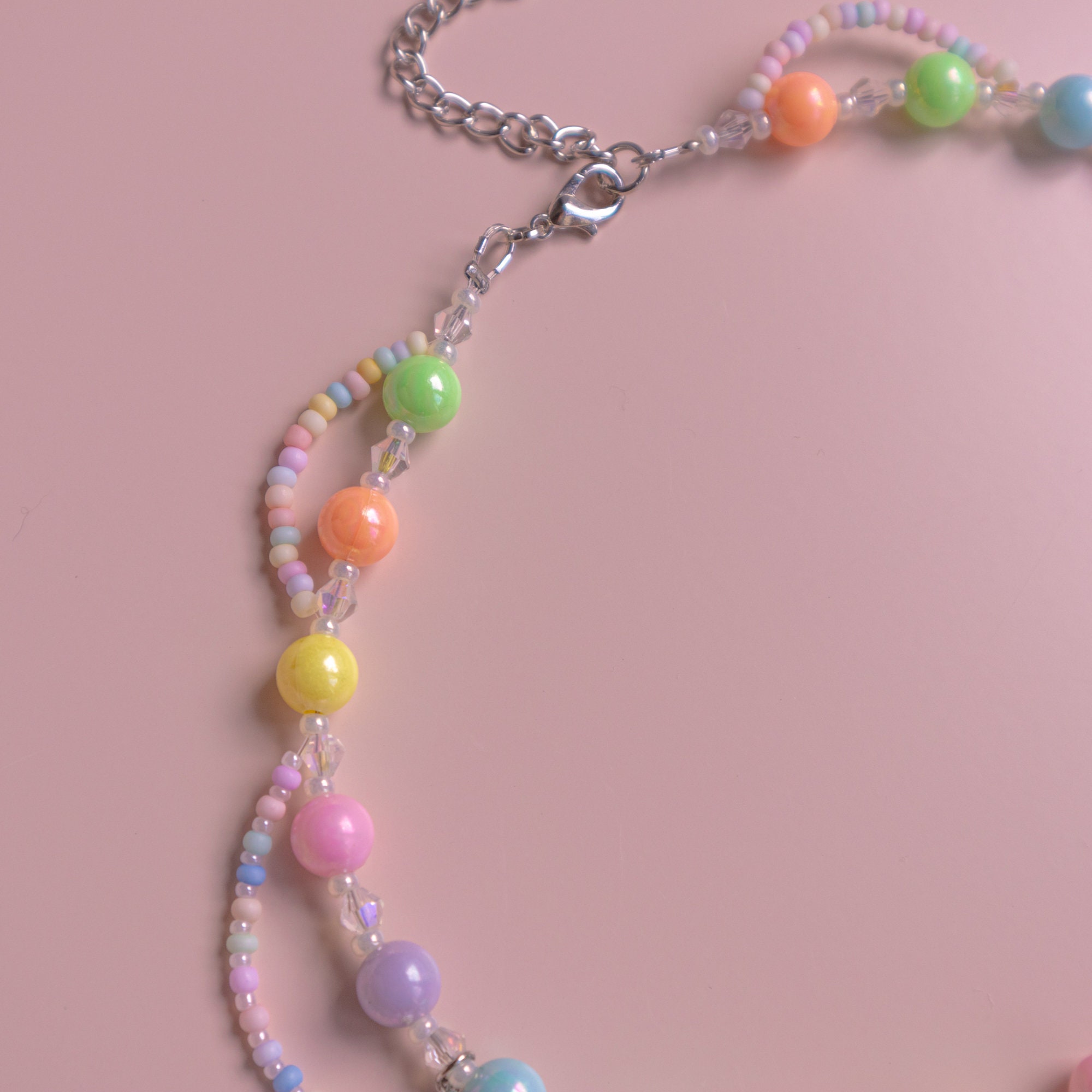 Rainbow Magical Girl Beaded Necklace Silver Heart Key Pendant - Etsy