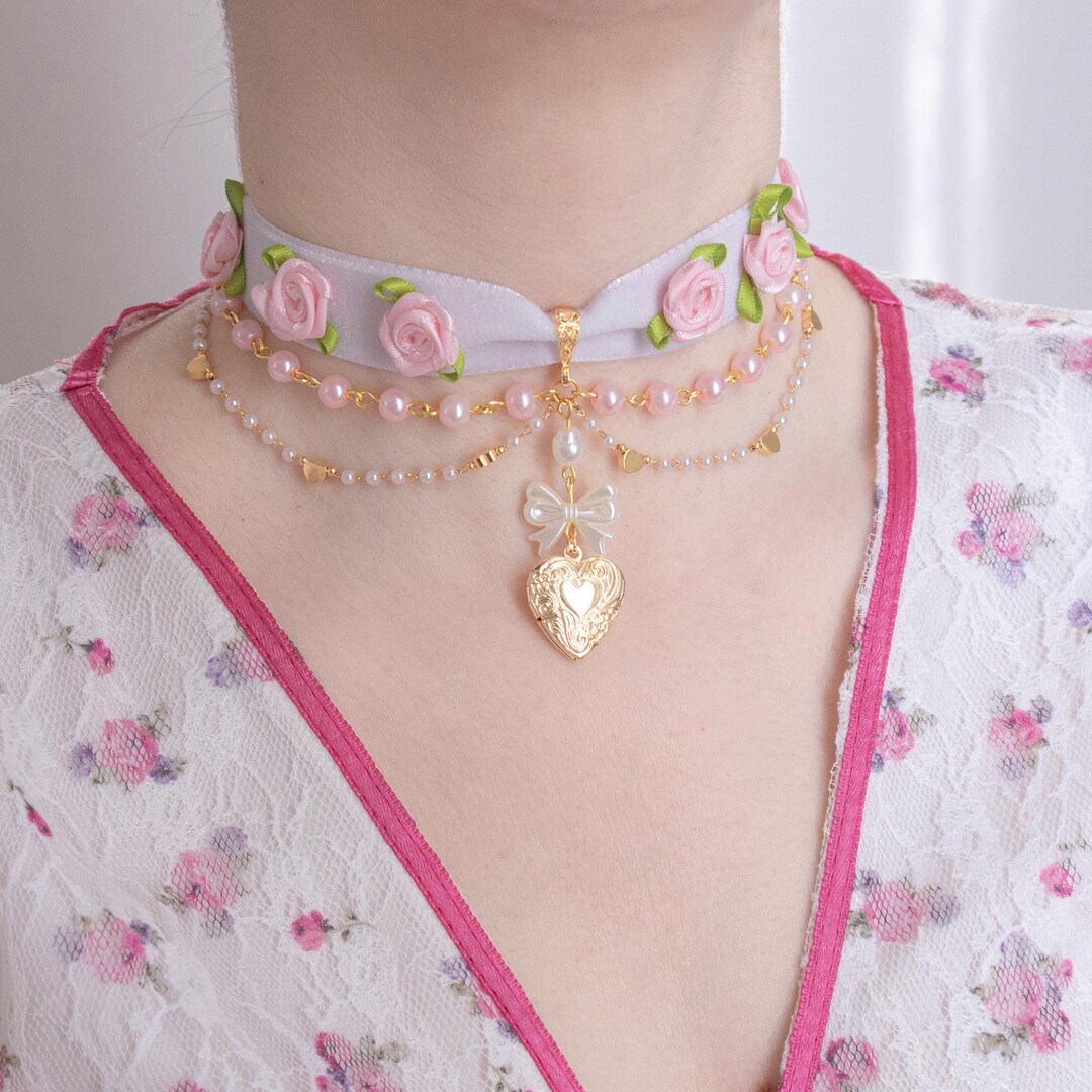 Coquette Velvet Ribbon Choker White and Pink Floral Dollette Heart ...