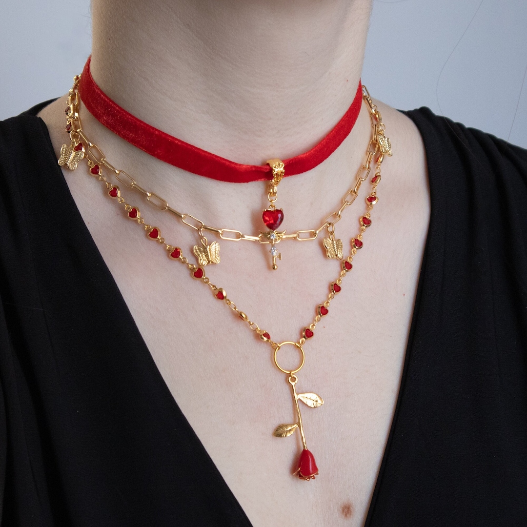 Red Velvet Choker Necklace: Gold Heart, Butterfly & Rose Pendant - Etsy
