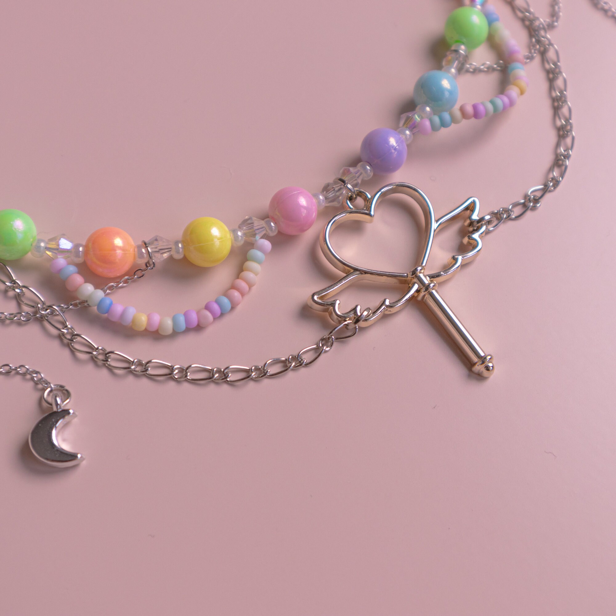Rainbow Magical Girl Beaded Necklace Silver Heart Key Pendant - Etsy