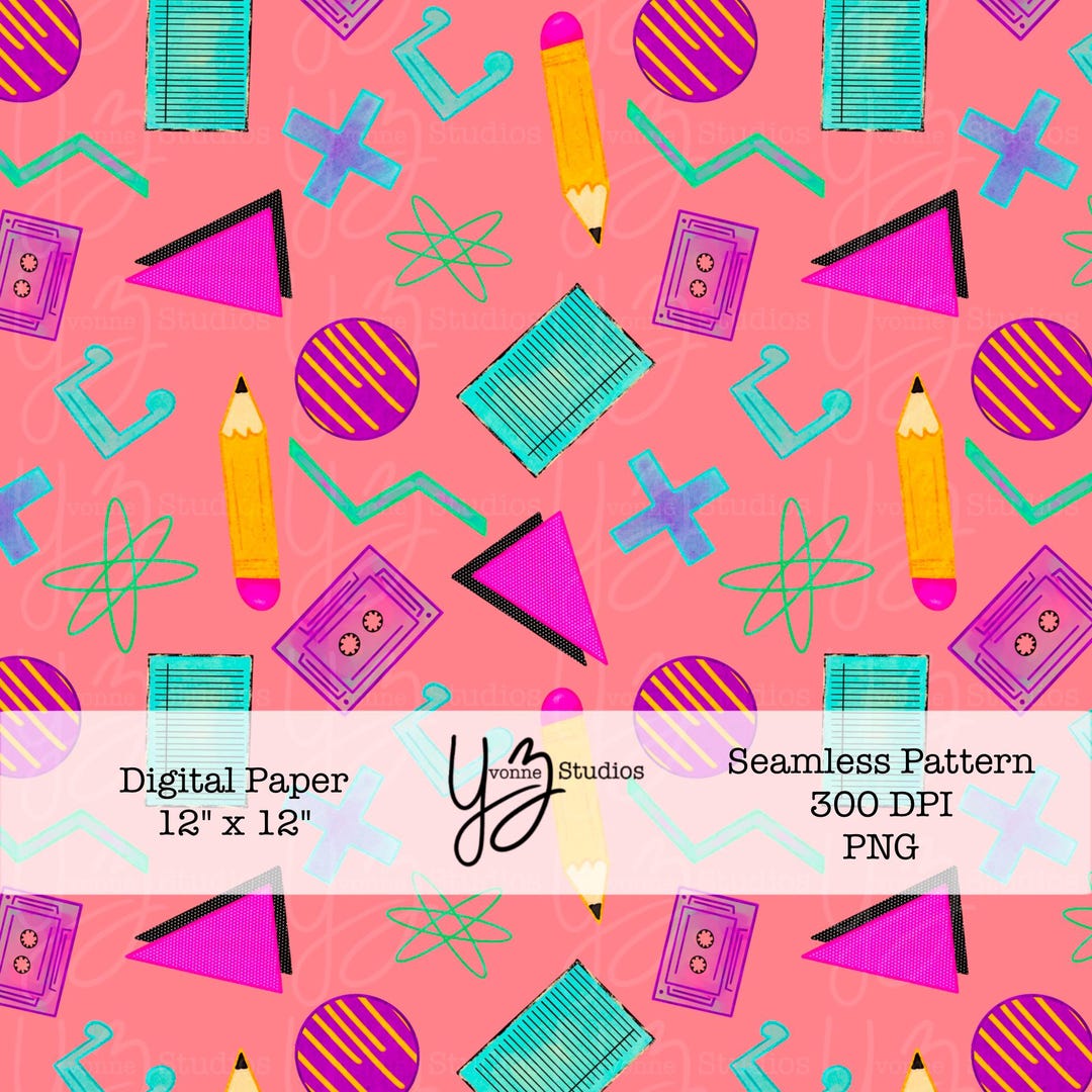 Retro Back to School Seamless Pattern School Supplies Digital Paper 80 ...