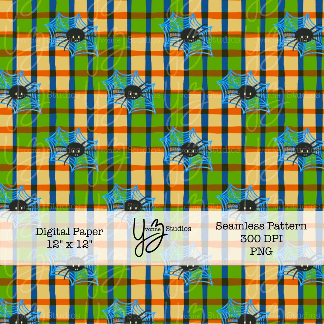 Halloween Spider Plaid Digital Paper, Cute Seamless Pattern, Fall ...