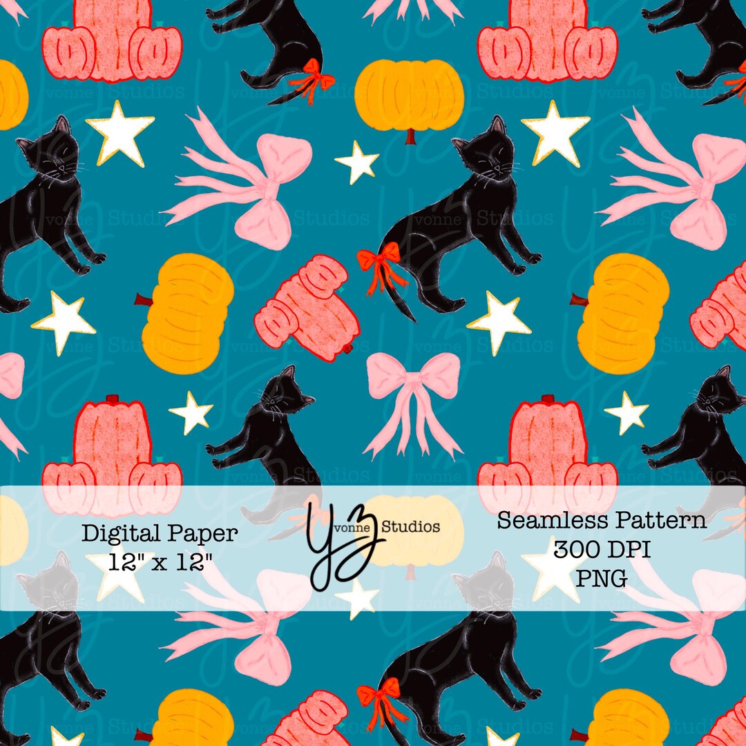 Halloween Black Cat Seamless Pattern Cute Fall Pumpkin Digital Paper ...