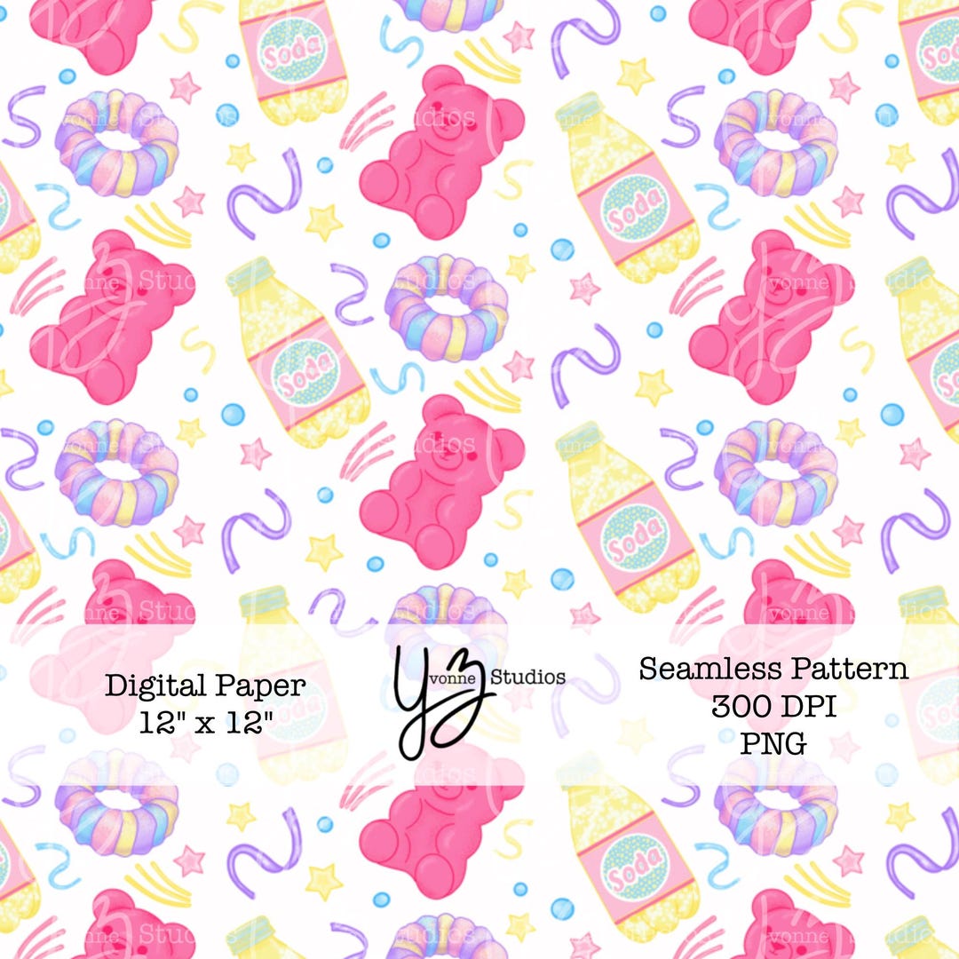 Y2K Candy Party Seamless Pattern Digital Paper Sweet Gummy Bear Soda ...