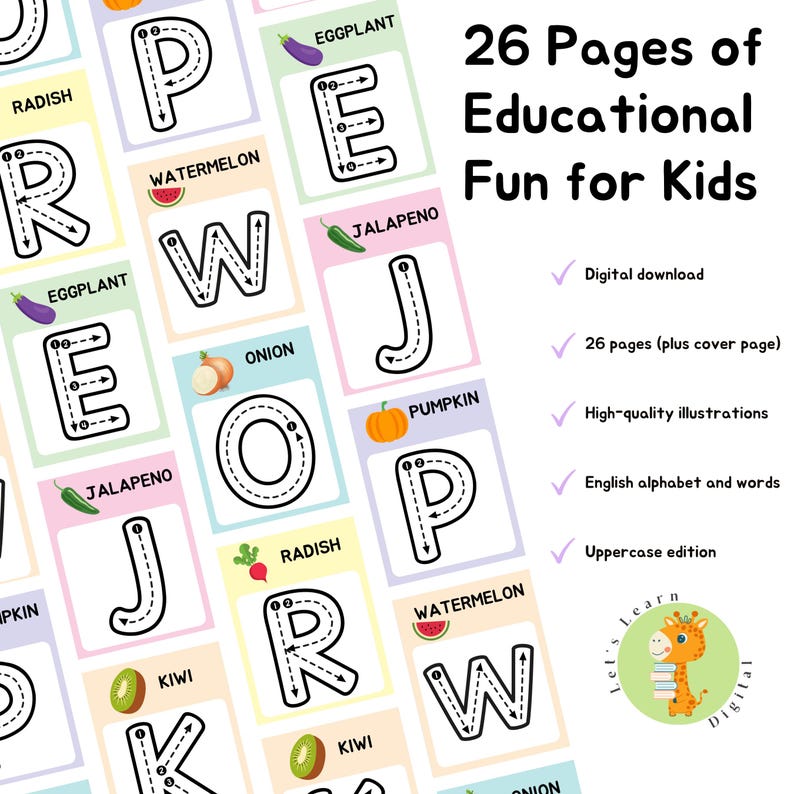 Fruit & Vegetable Alphabet Tracing Workbook Uppercase Letters for Kids ...