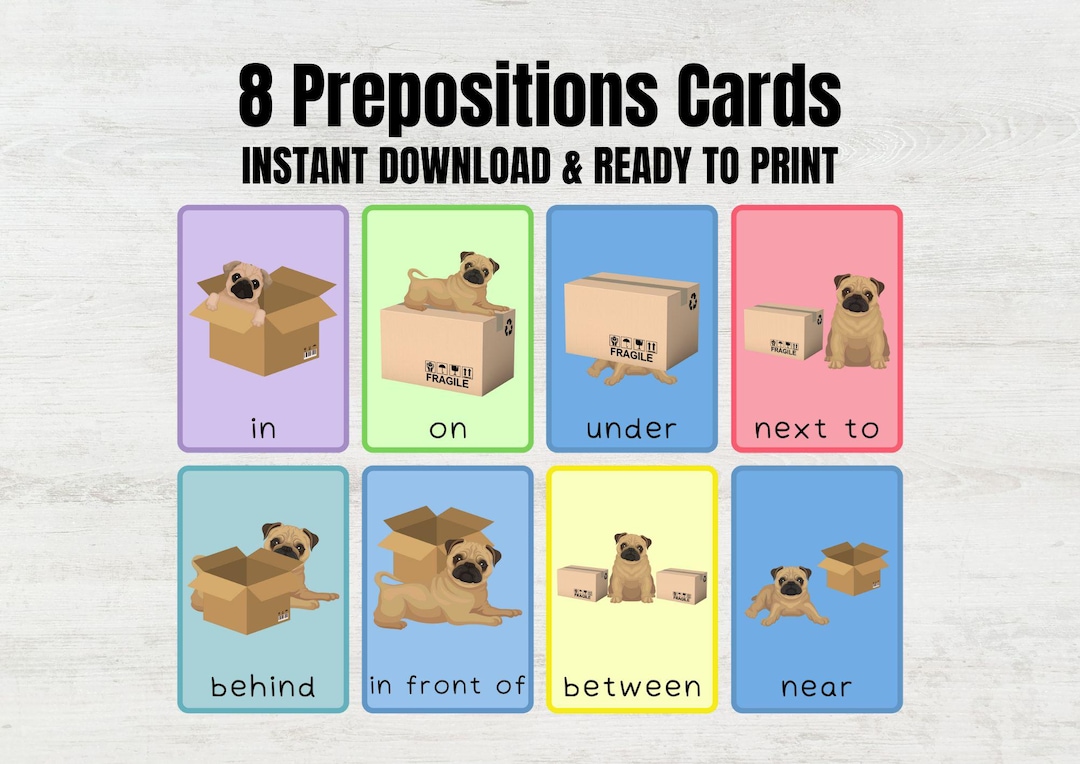 8 Printable Prepositions Flashcards, Dogs Printable ESL Props, Animal ...