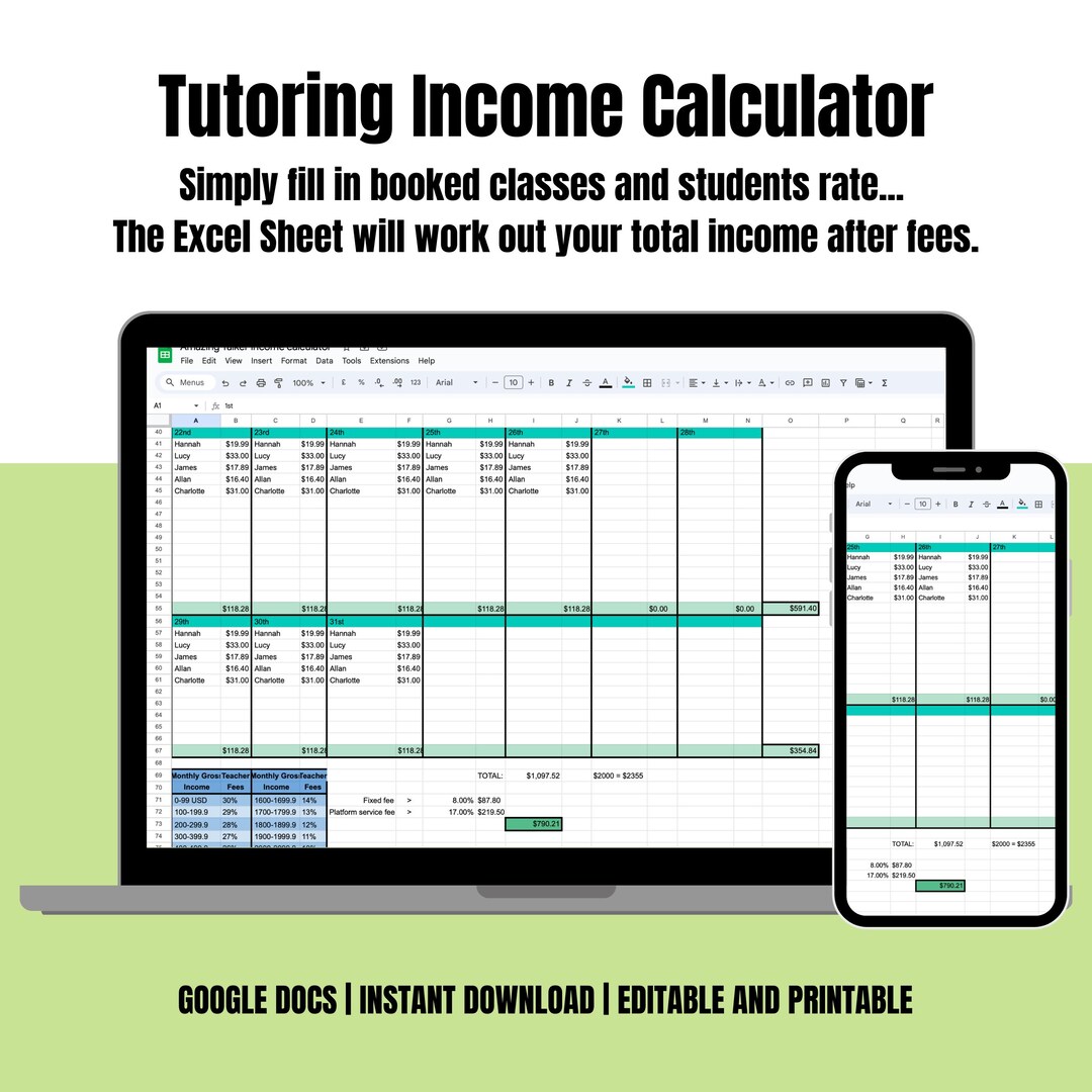Tutoring Payment Calculator | Teacher Schedule Sheet and Lesson Log ...
