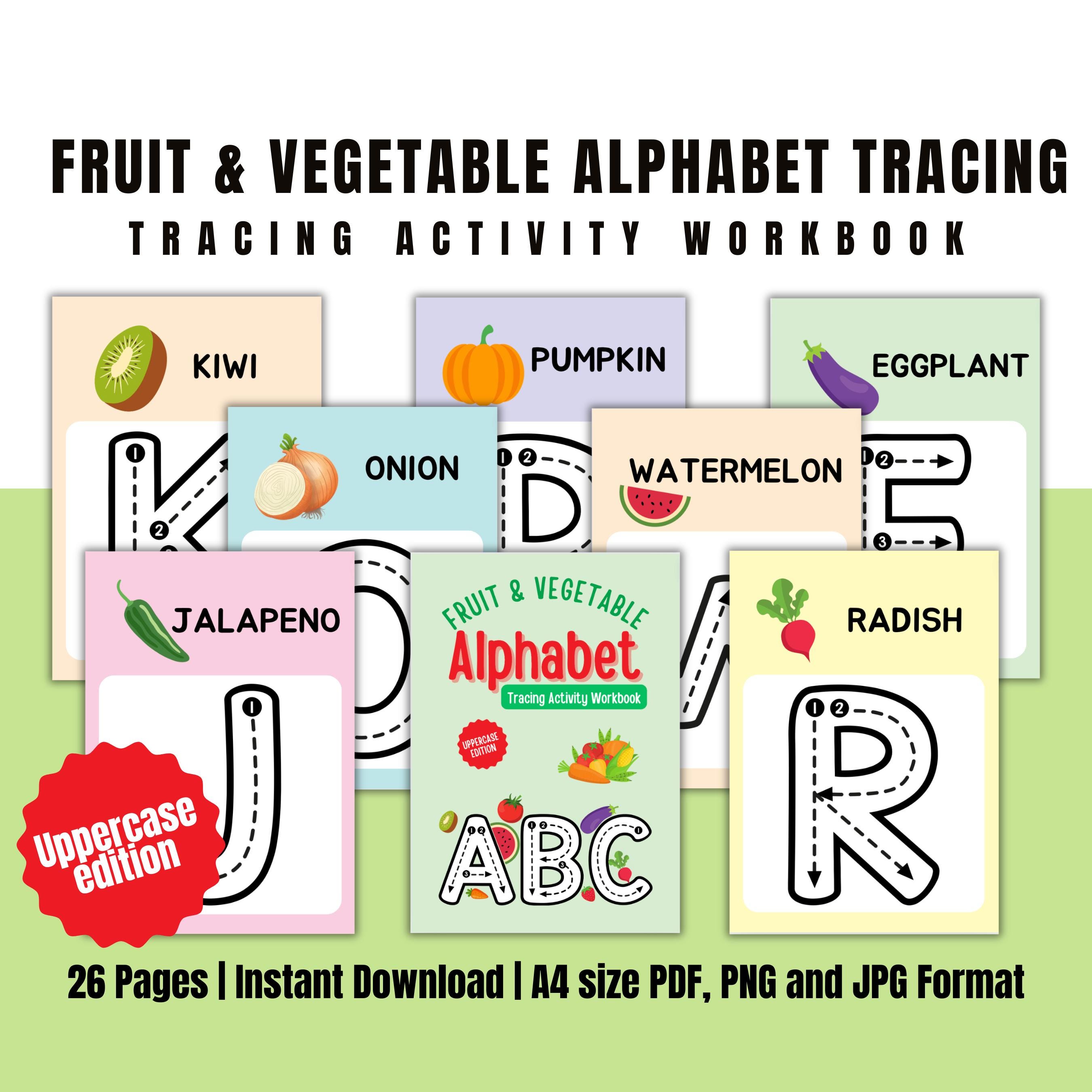 Fruit & Vegetable Alphabet Tracing Workbook Uppercase Letters | for ...