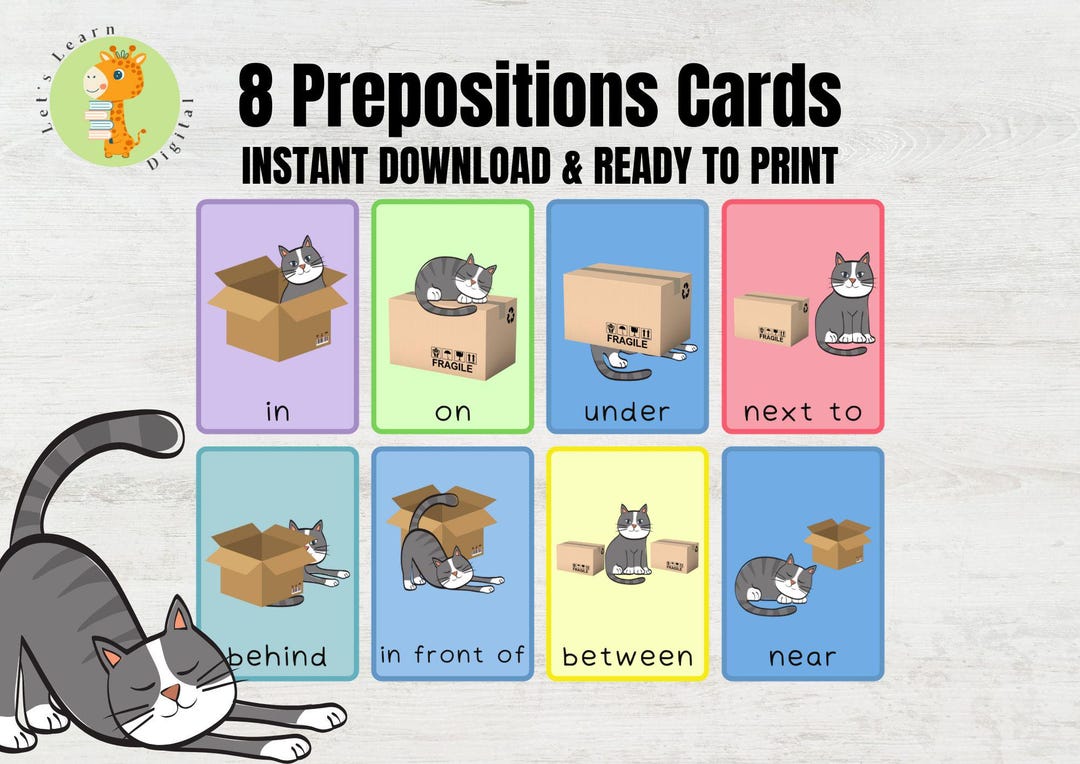 8 Printable Prepositions Flashcards, Cat Printable ESL Props ...