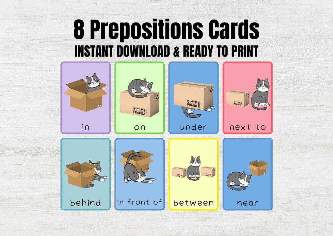 8 Printable Prepositions Flashcards, Cats Printable ESL Props, Animal ...