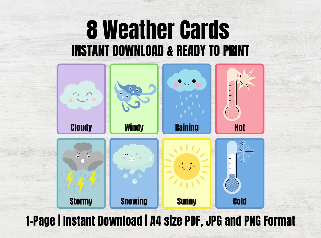 Weather Flashcards | 8 Printable Weather Cards for Kids, Teaching ...
