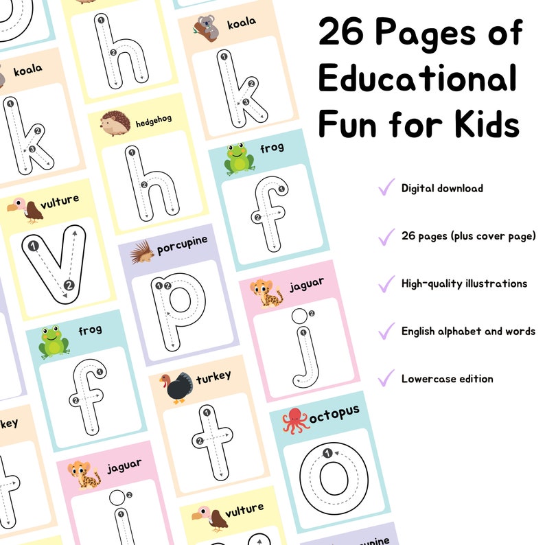 Animals Alphabet Tracing Workbook Lowercase Letters for Kids, Toddlers ...