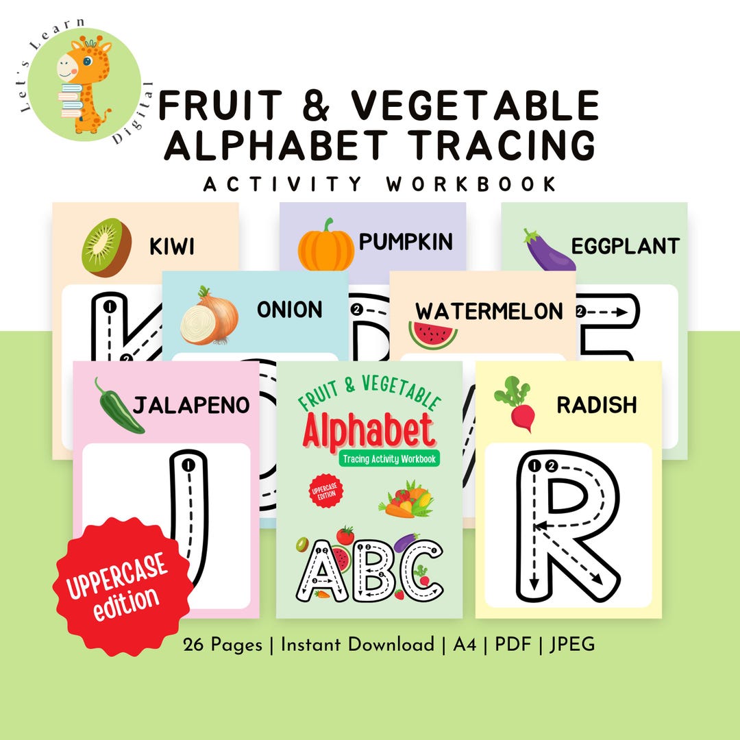 Fruit & Vegetable Alphabet Tracing Workbook Uppercase Letters for Kids ...