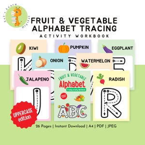 Fruit & Vegetable Alphabet Tracing Workbook Uppercase Letters for Kids ...