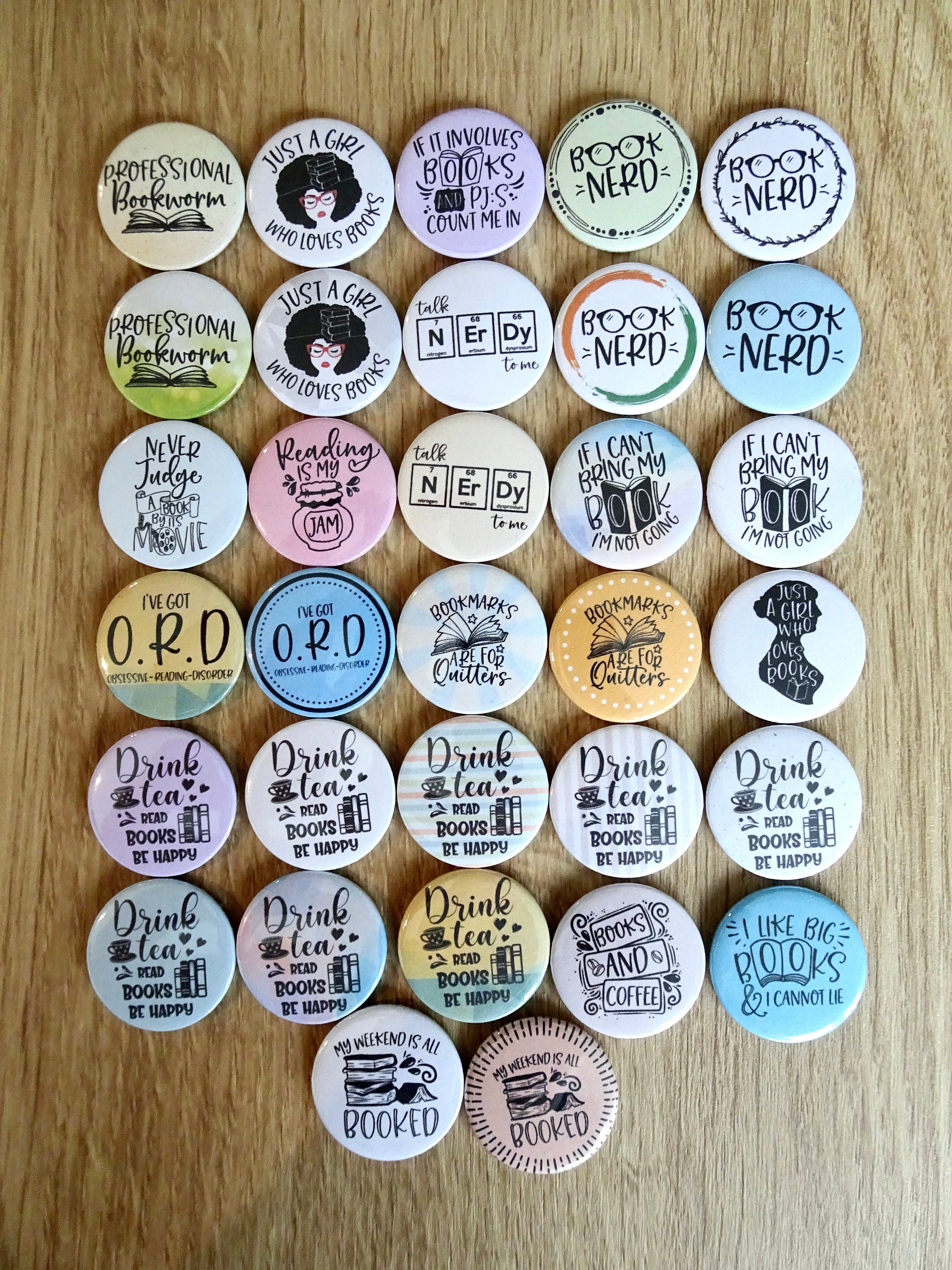 Book Badges, Button Badges, 25mm Badges, Set of Badges, Gifts for Book ...