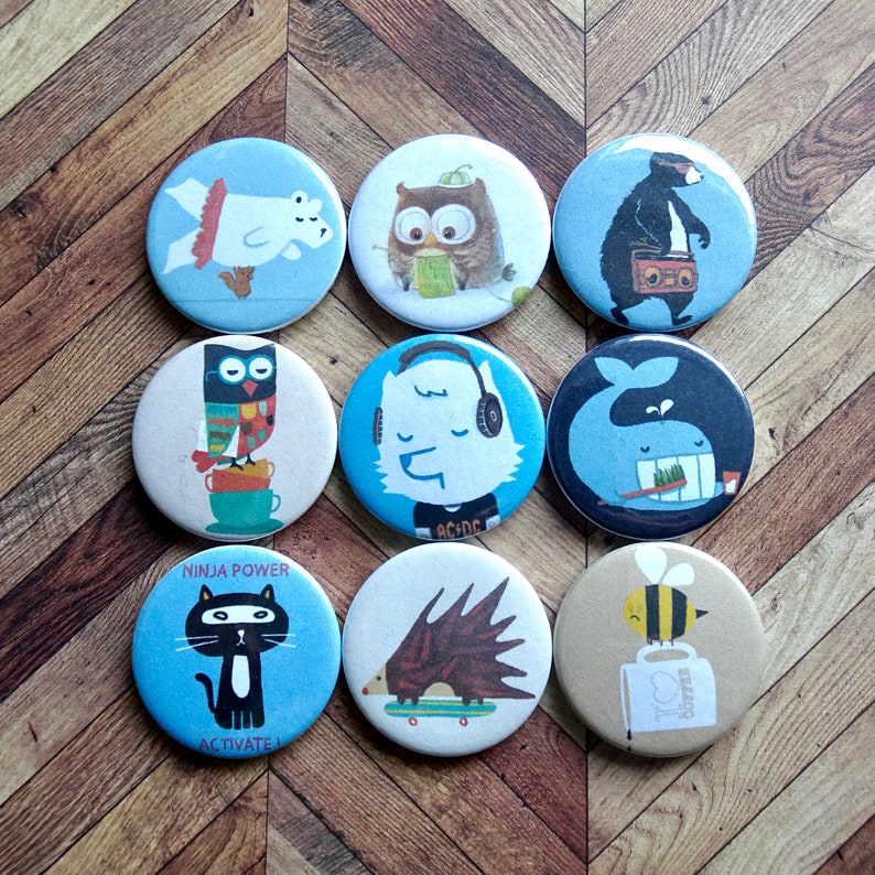 Cute Animal Button Badges, Funny Character Pins, 25mm Badge Set - Etsy UK
