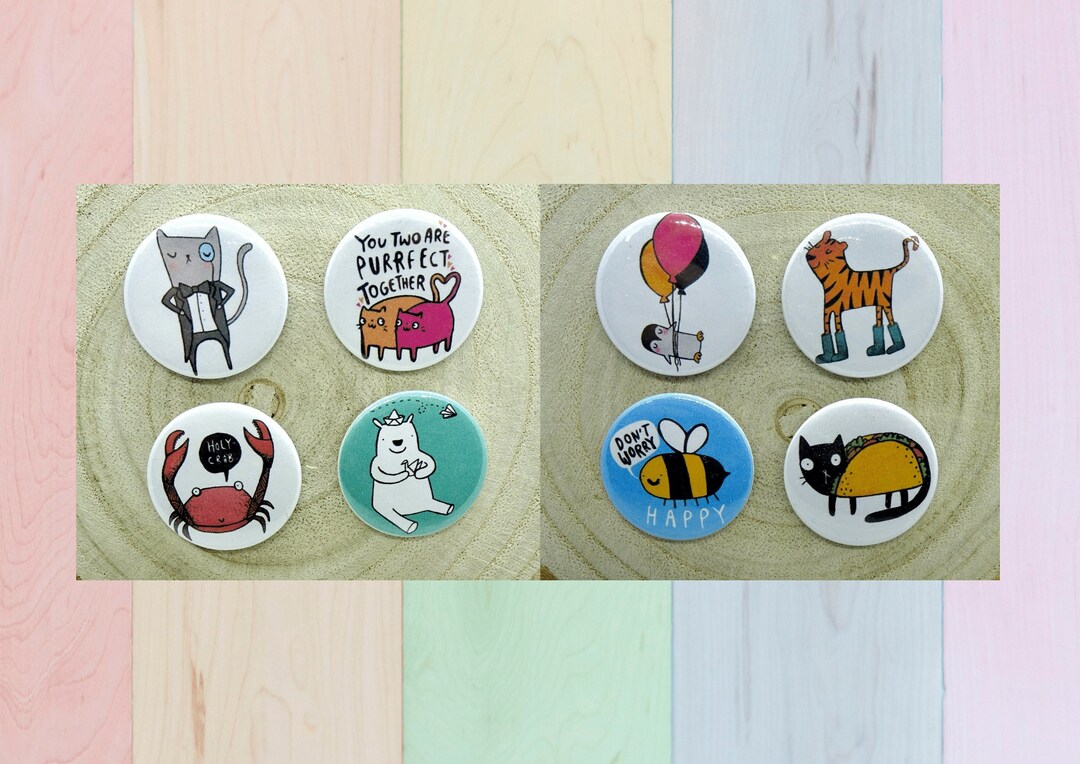 Animal Button Badge Set: Taco Cat, Bee Happy, Tiger, Crab (25mm) - Etsy