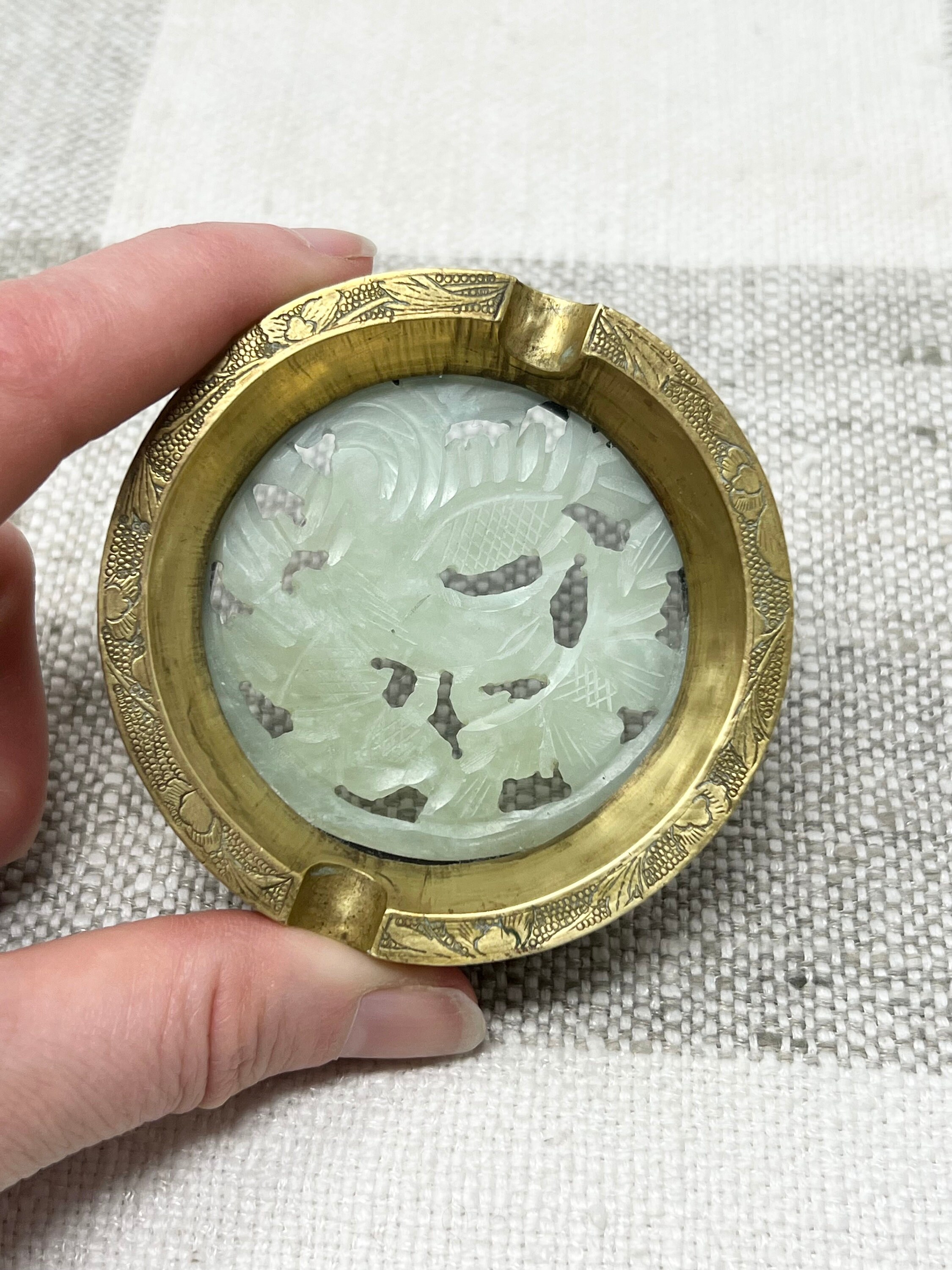 Antique Chinese Jade Inlaid & Etched Brass Ashtray - Etsy