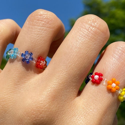 Rainbow Flower Beaded Ring Beaded Flower Rings Seed Bead - Etsy