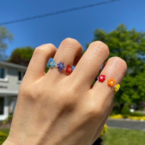 Rainbow Flower Beaded Ring Beaded Flower Rings Seed Bead - Etsy