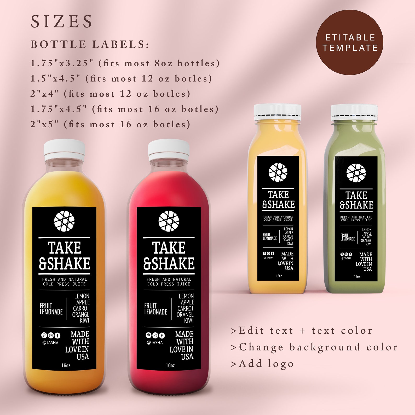 Editable Juice Bottle Label Template, Custom Juice Sticker Design, 8oz ...