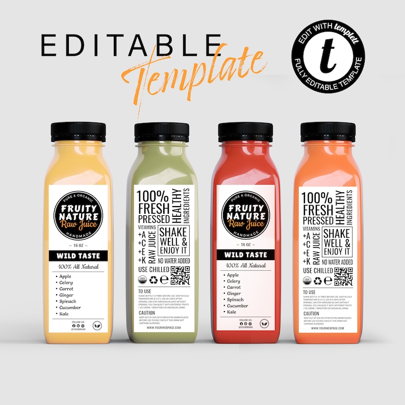 Editable Juice Bottle Label Template, DIY Smoothie & Cold Pressed Drink ...
