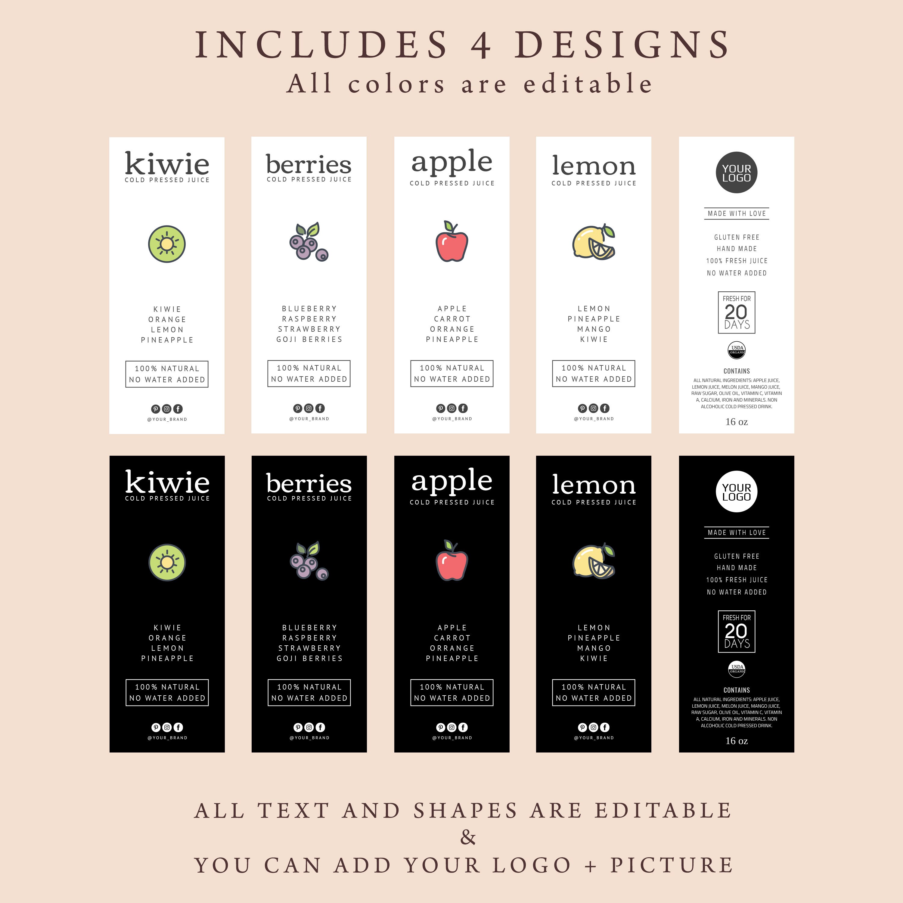 Editable Juice Bottle Label Template, Juice Label Sticker Design, 8oz ...
