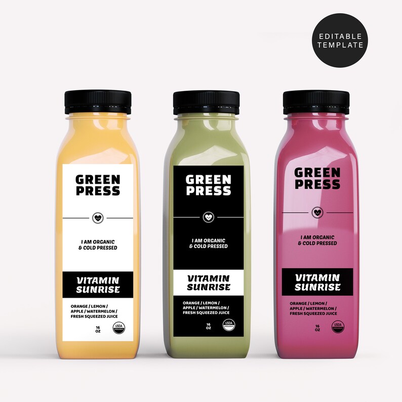 Editable Juice Bottle Label Template for Drinks, Beverage Packaging ...