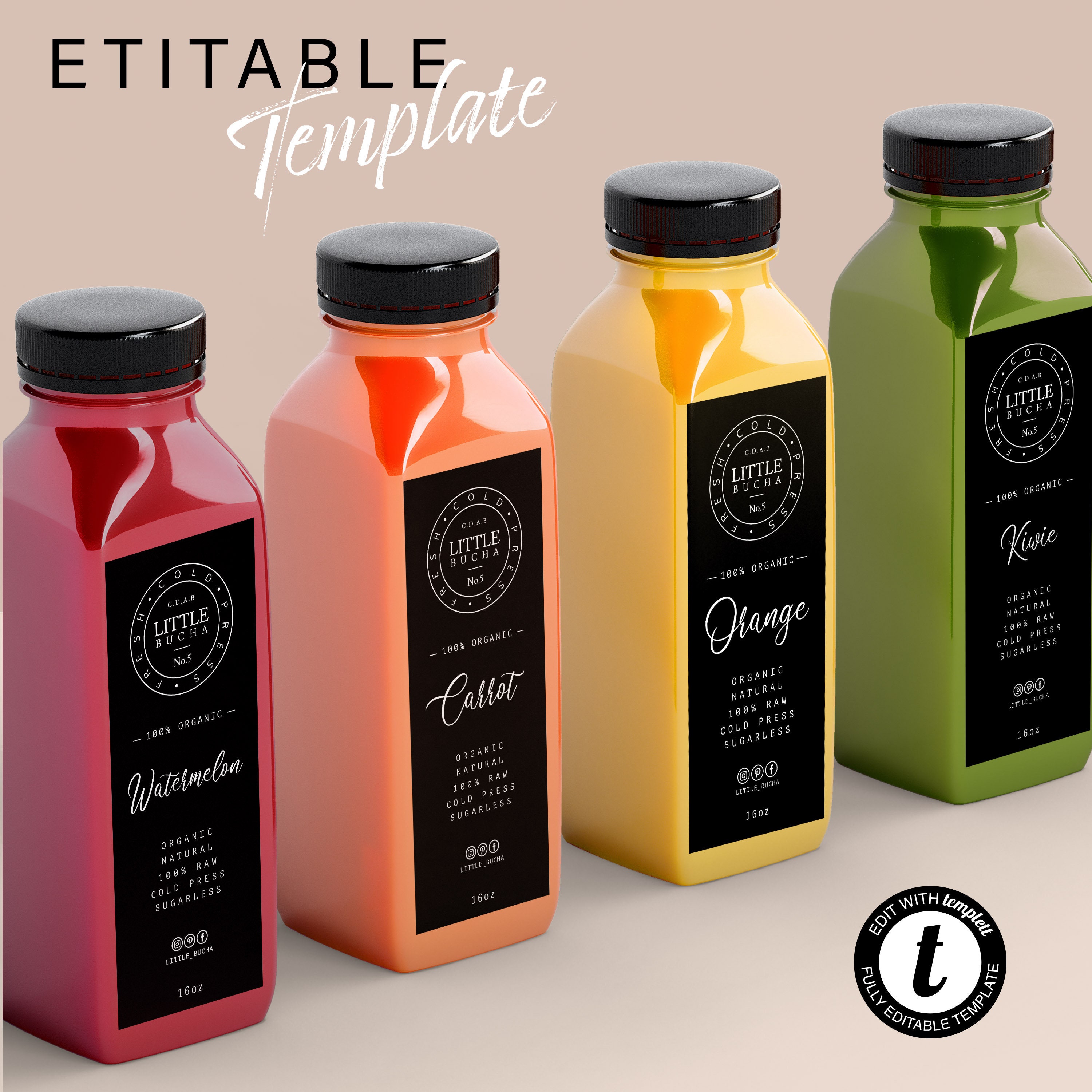 Editable Juice Bottle Label Template, Cold Pressed Label Design ...