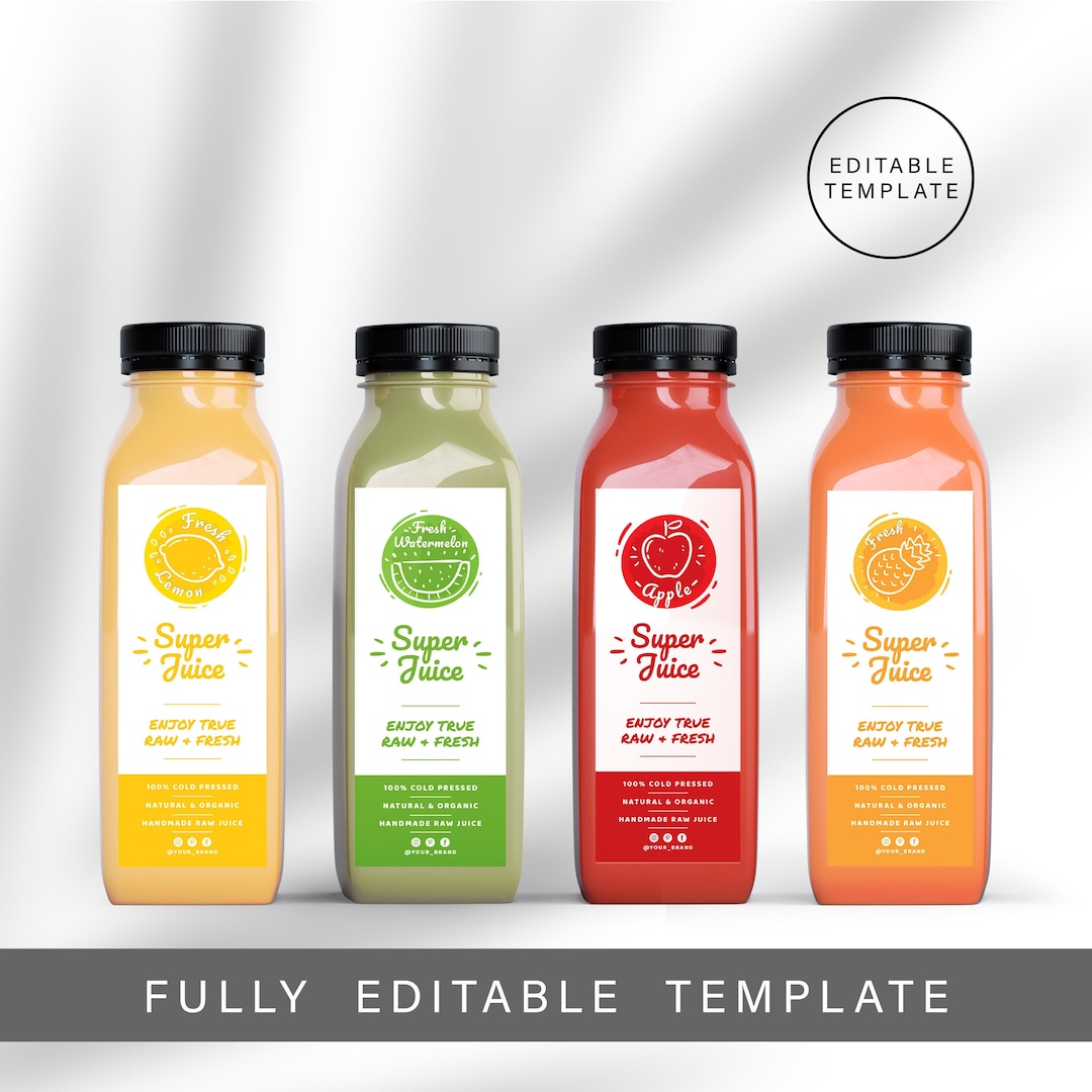 Juice Bottle Label Template, DIY Editable Smoothie Label, Printable ...