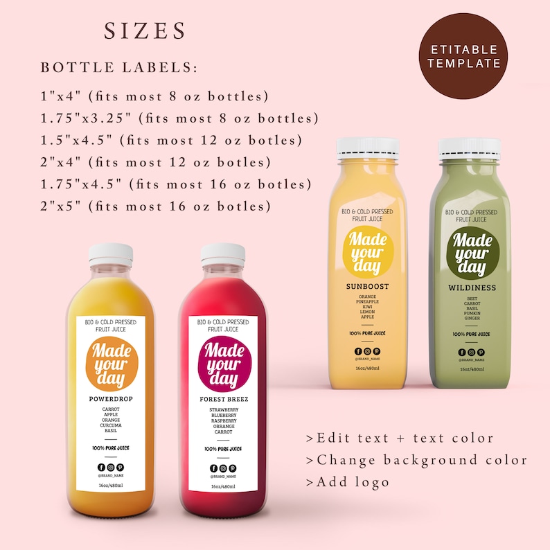 Editable Juice Bottle Label Template, DIY Drink & Smoothie Labels ...
