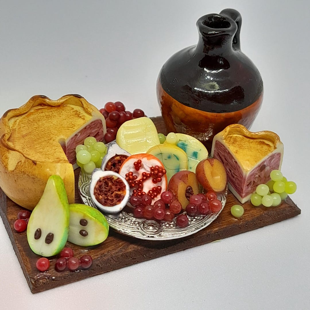 Miniature Tudor Cheese Plate With Fruit, Game Pie & Flagon - 1:12 Scale ...
