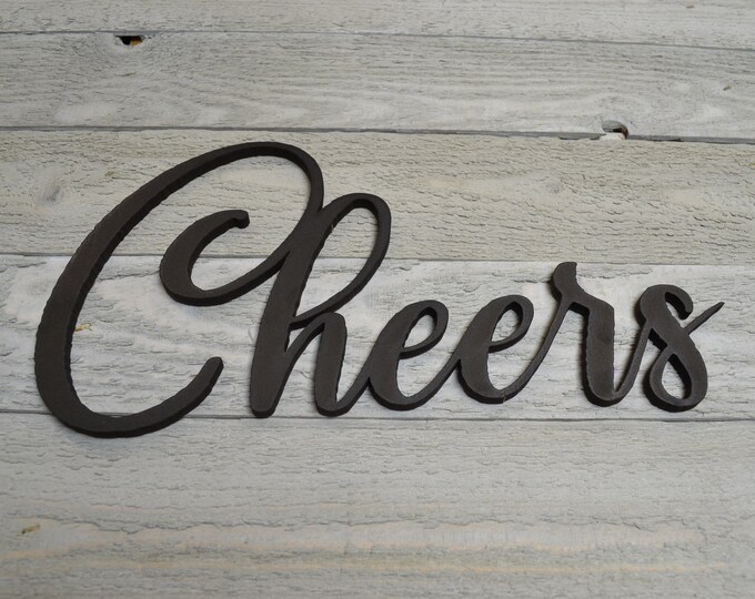 Cheers Script Word Wood Sign, Wooden Words, Sign Art, Rustic Cursive ...