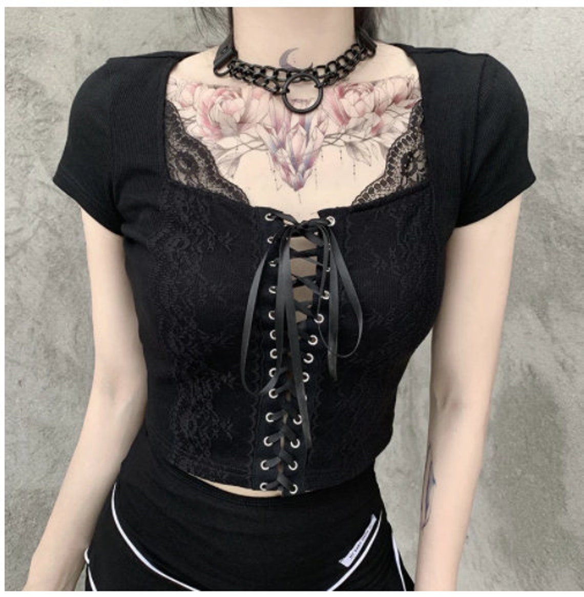 Vintage Tops Goth Women T-Shirts Bodycon Bandage Lace | Etsy